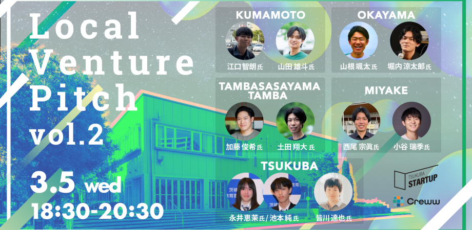 Local Venture Pitch vol.2 〜熊本市 / 岡山市 / 丹波篠山市・丹波市 / 三宅町 / つくば市〜 | Peatix