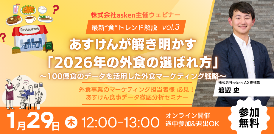 あすけんが解き明かす「2026年の外食の選ばれ方」～100億食のデータを活用した外食マーケティング戦略～ | Peatix